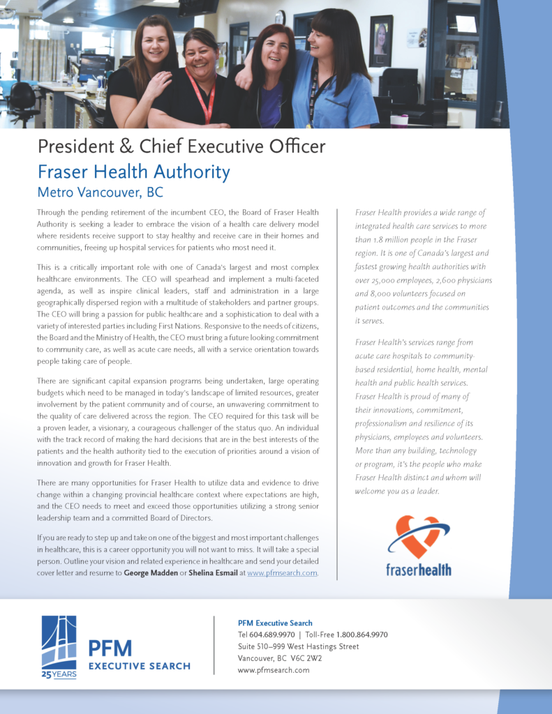 Fraser Health - CEO - Ad Copy (2018) - Hobson Leavy Executive Search
